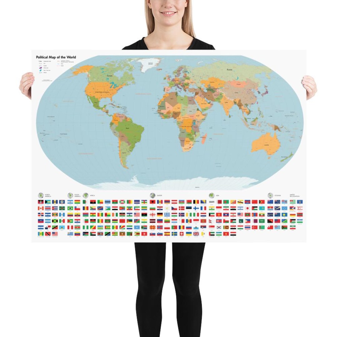 Political World Map | Flags and Sub-regions | Poster - Etsy