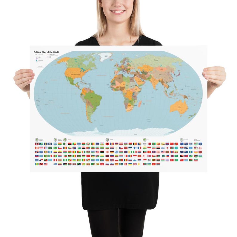 Political World Map | Flags and Sub-regions | Poster - Etsy