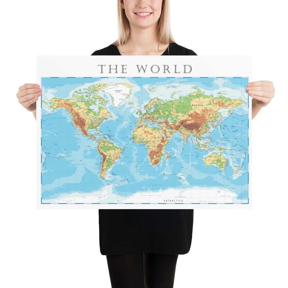 Physical World Map | Classic Europe Centered | Poster - Etsy