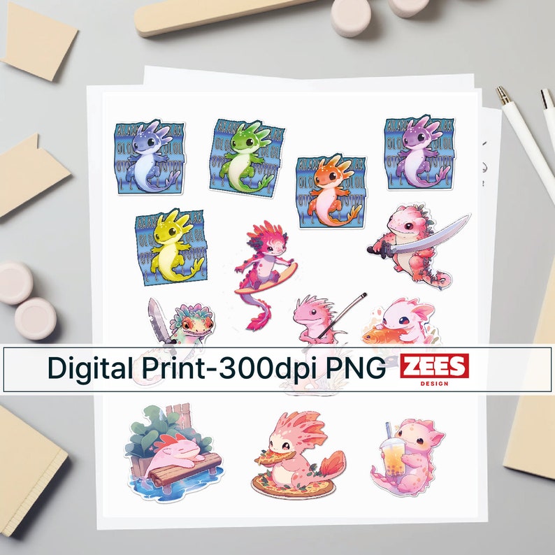 Cute and Crazy Axolotl Sticker Pack PNG Printable Download - Etsy