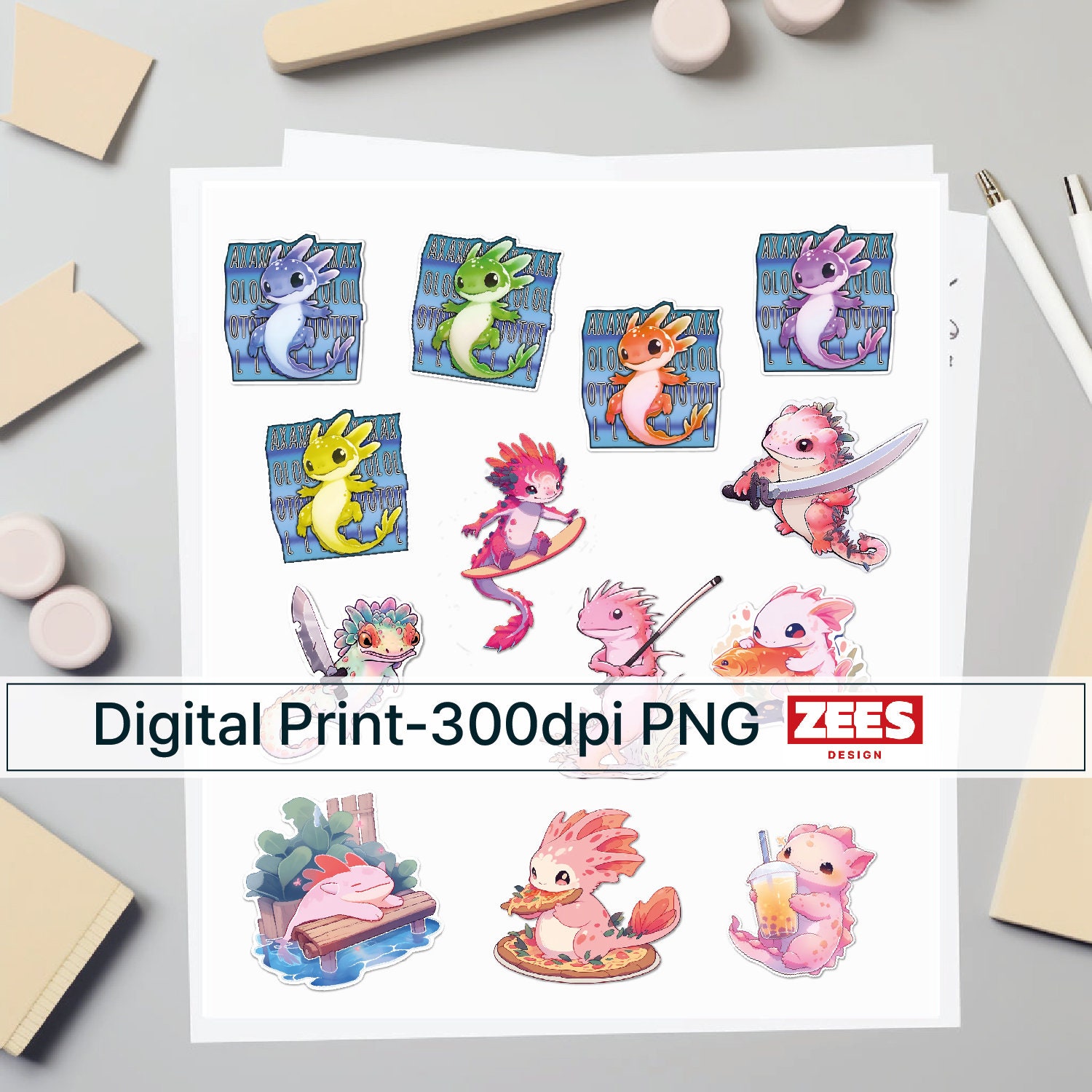 Cute and Crazy Axolotl Sticker Pack PNG Printable Download - Etsy