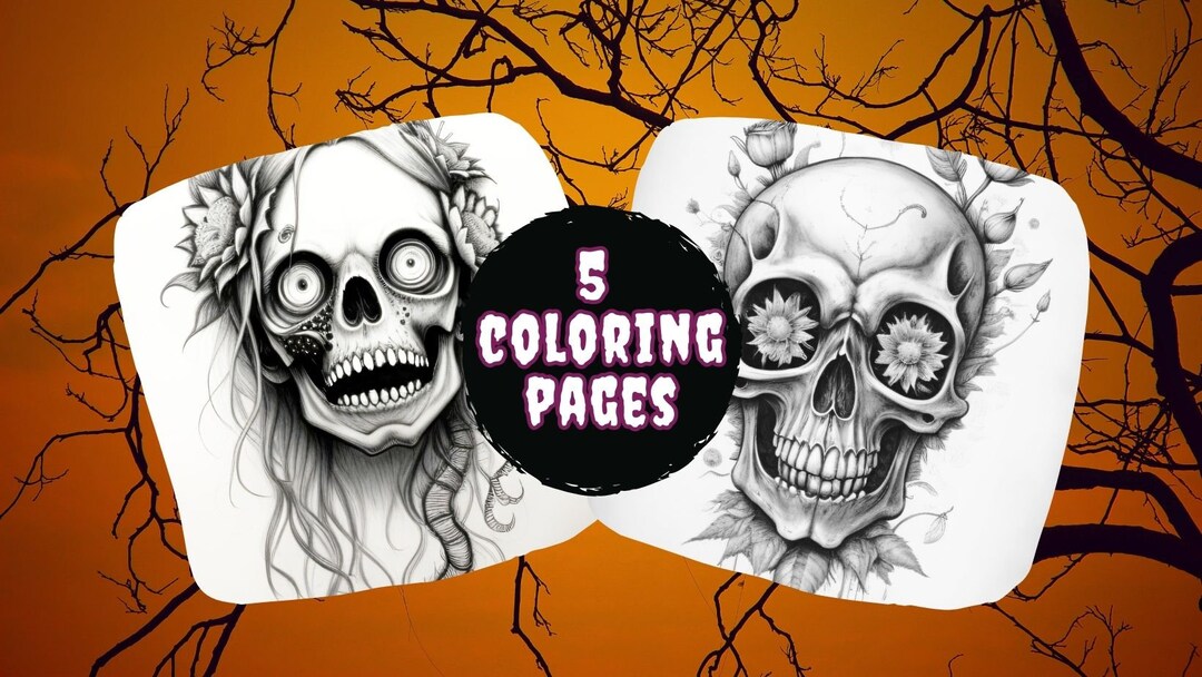 5 Spooky Skulls and Flowers Instant Download Printable Greyscale ...