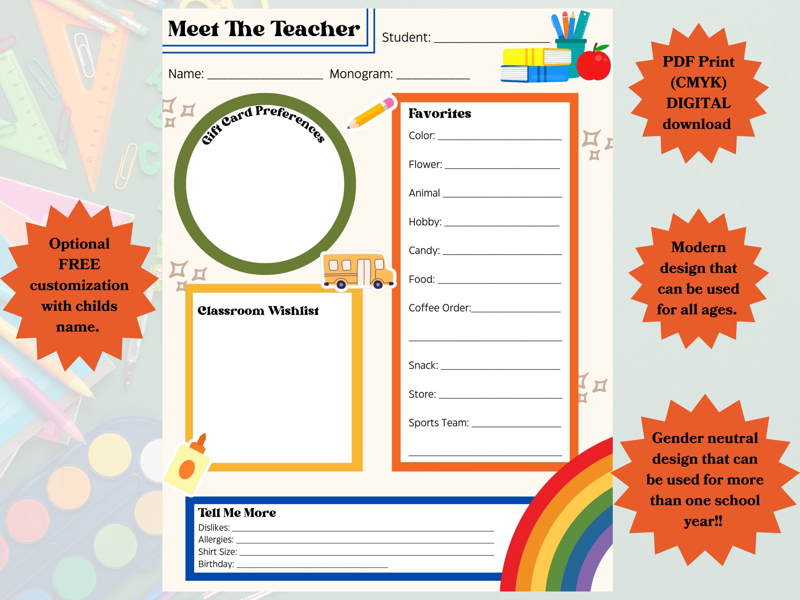 Back to School Teacher Survey Meet the Teacher Questionnaire - Etsy