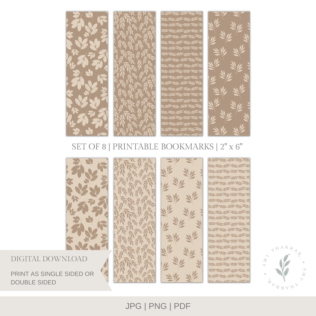 Minimalist Printable Bookmarks Set of 8 - Simple Leaf Patterns | Single ...