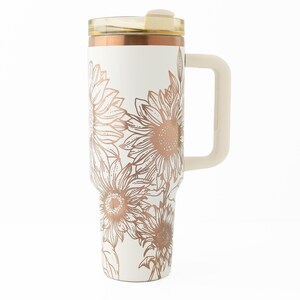 40 Oz Tumbler With Handle Engraved With Sunflowers Cream And Copper