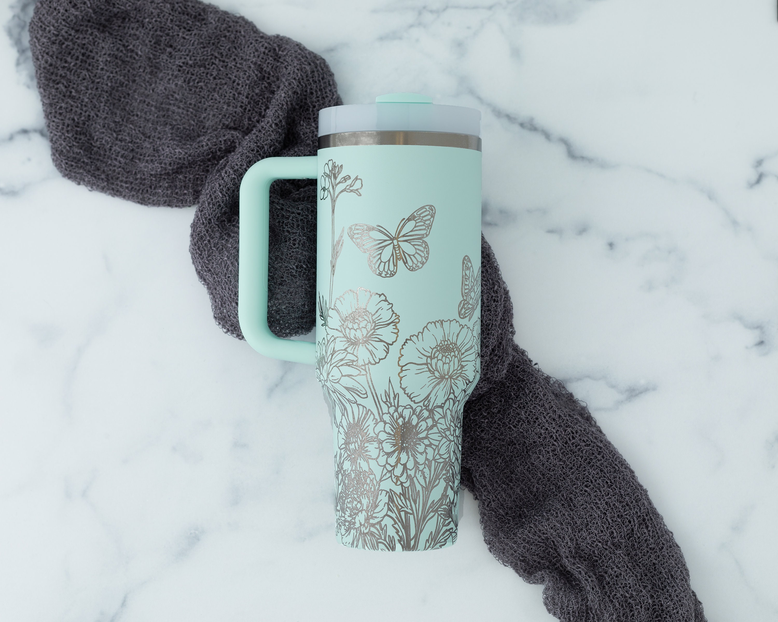 Stanley Mint Tumbler 40oz/30oz Laser Engraved Flowers and Butterflies ...