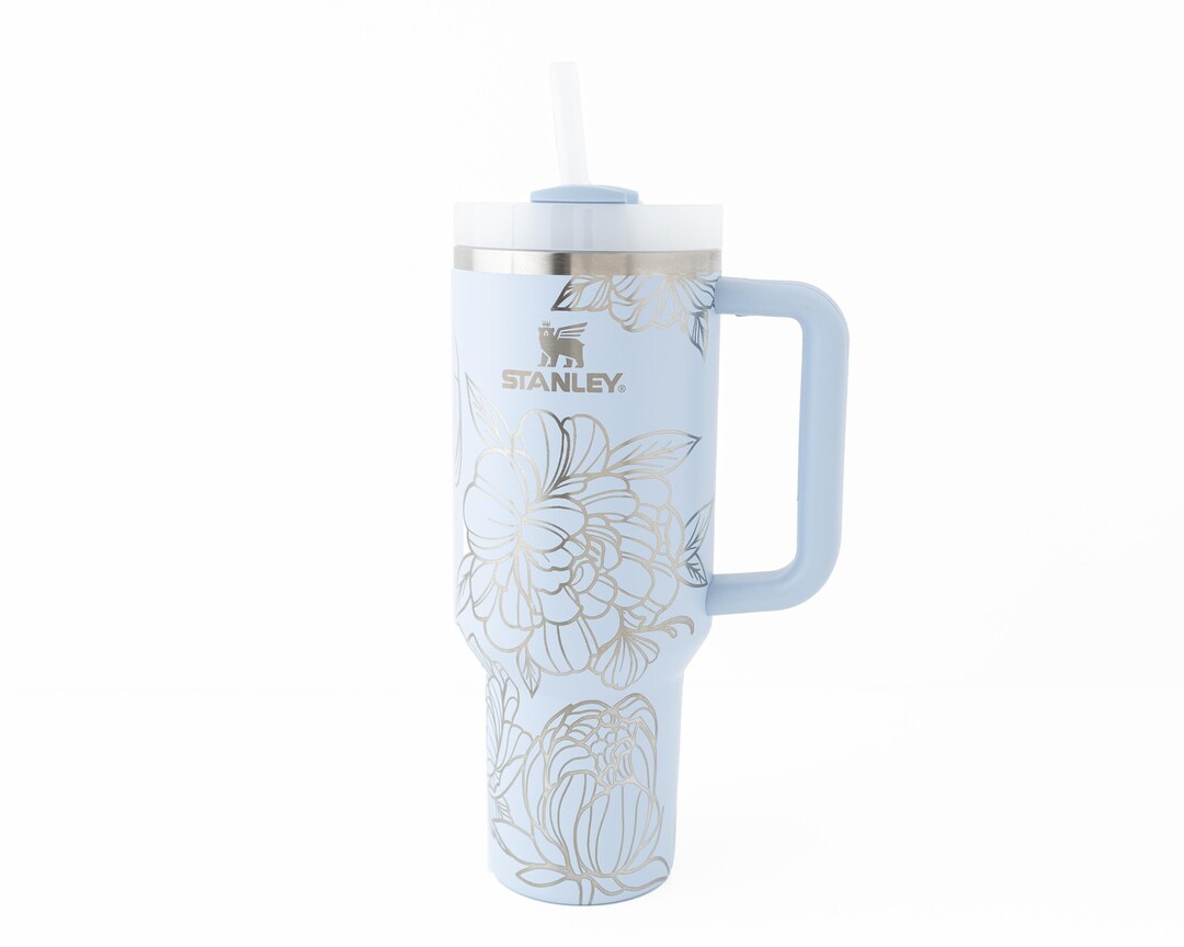 Heather Blue Stanley Tumbler With Handle – Laser Engraved Peony Flower ...