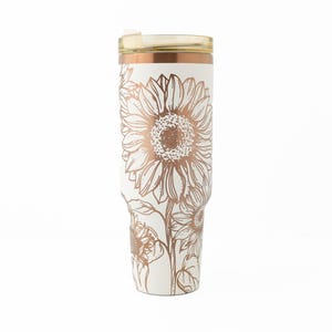 40 Oz Tumbler With Handle Engraved With Sunflowers Cream And Copper