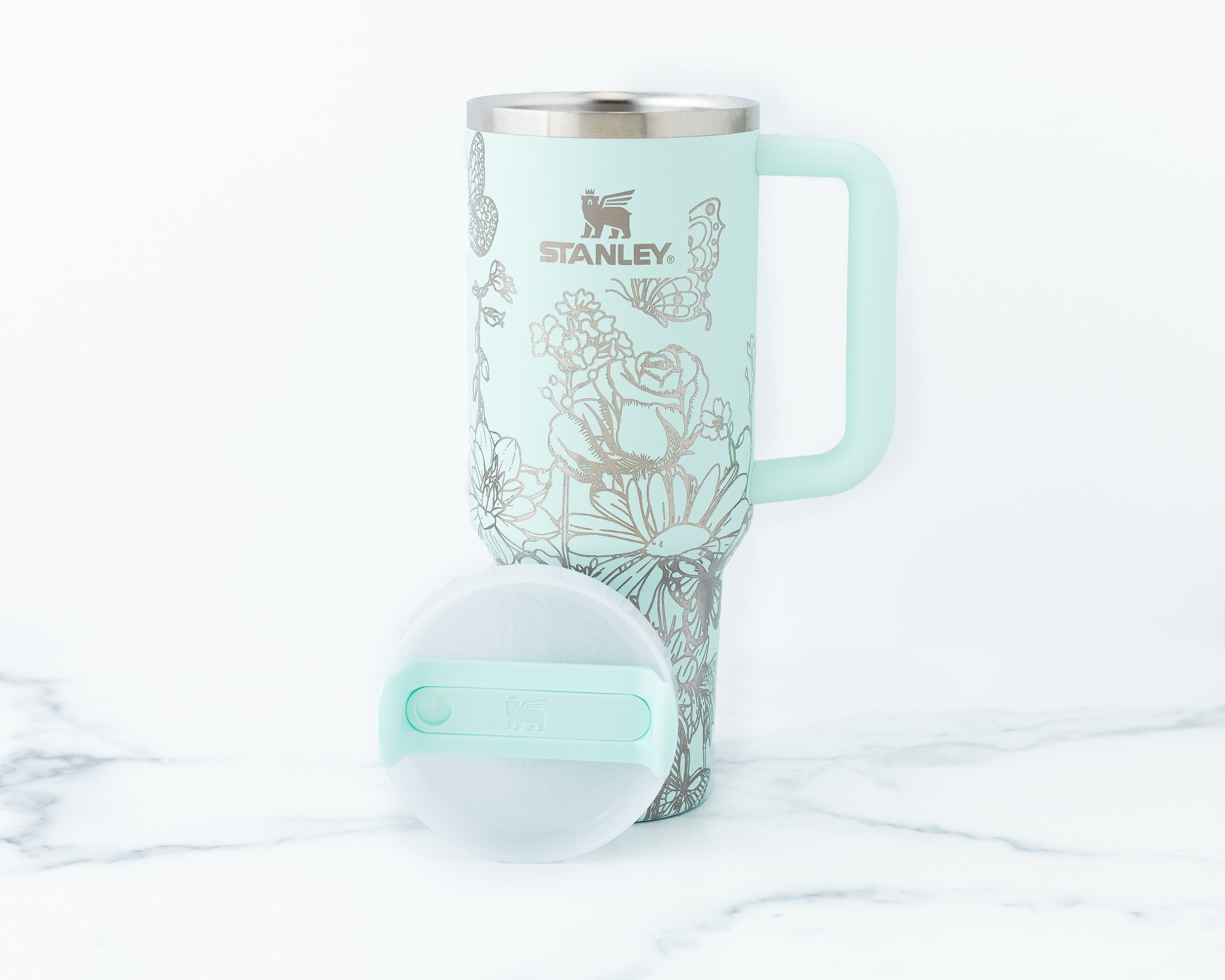 Stanley Mint Tumbler 40oz/30oz Laser Engraved Flowers and Butterflies ...