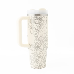 Stanley Tumbler Engraved With Peony Flower Wrap Design | Cream Stanley ...