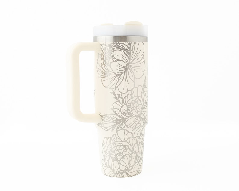 Stanley Tumbler Engraved With Peony Flower Wrap Design | Cream Stanley ...