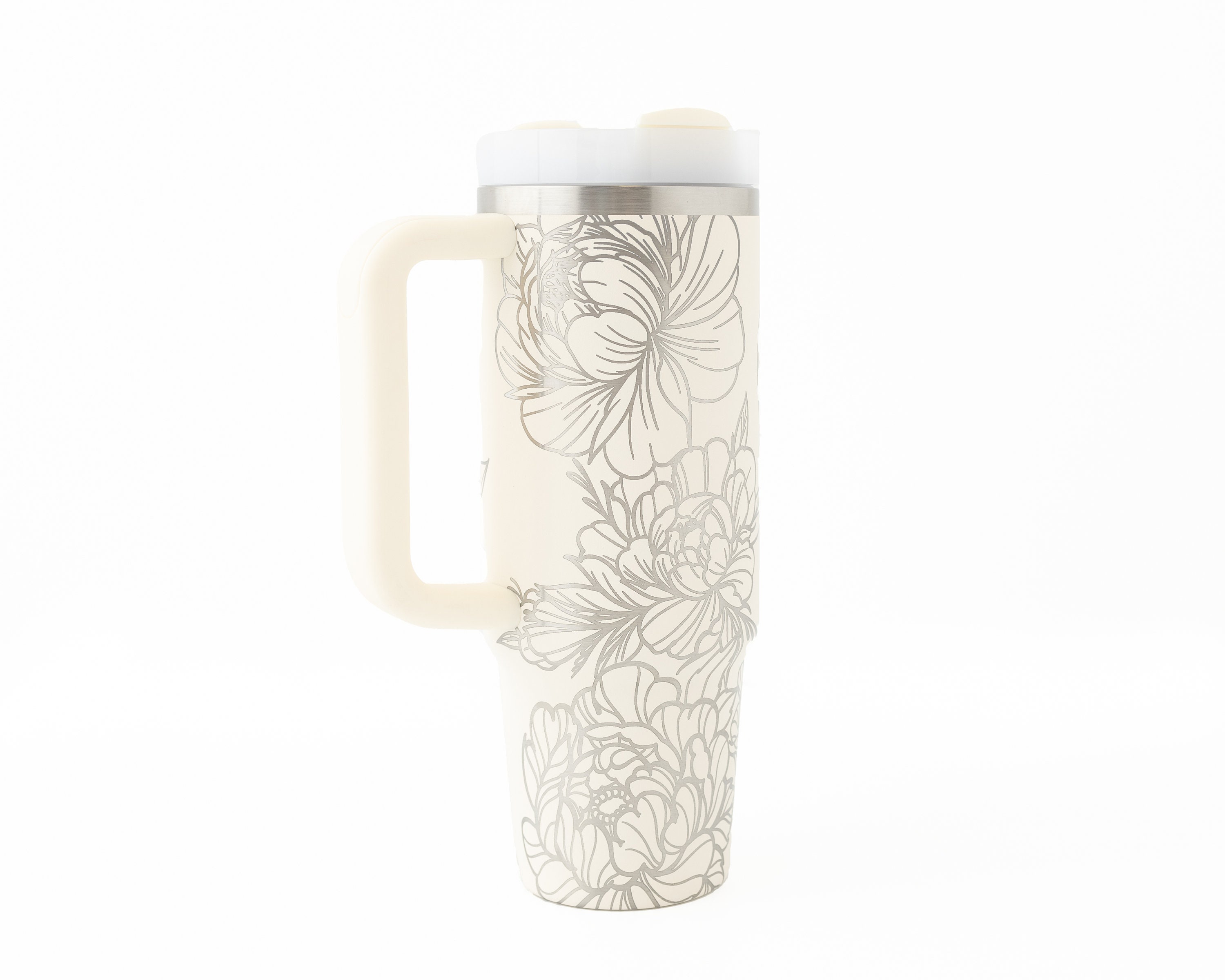 Stanley Tumbler Engraved With Peony Flower Wrap Design | Cream Stanley ...