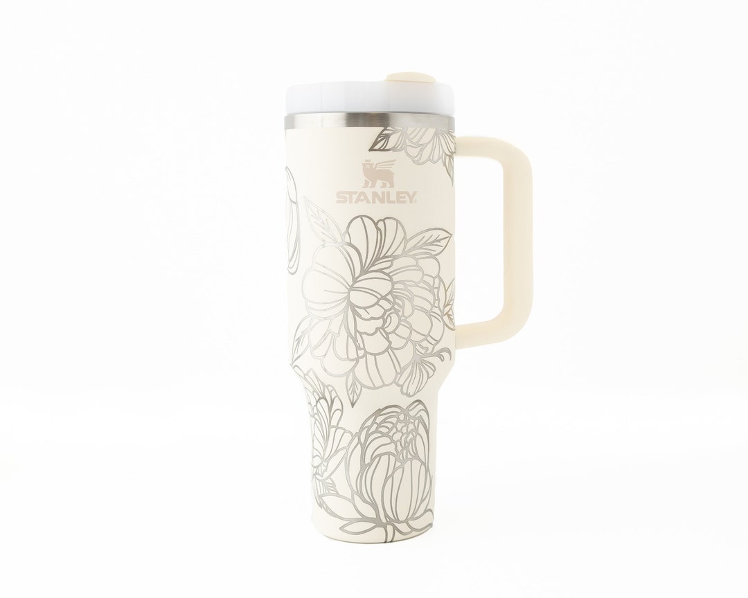 Stanley Tumbler Engraved With Peony Flower Wrap Design | Cream Stanley ...