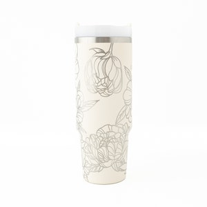 Stanley Tumbler Engraved With Peony Flower Wrap Design | Cream Stanley ...