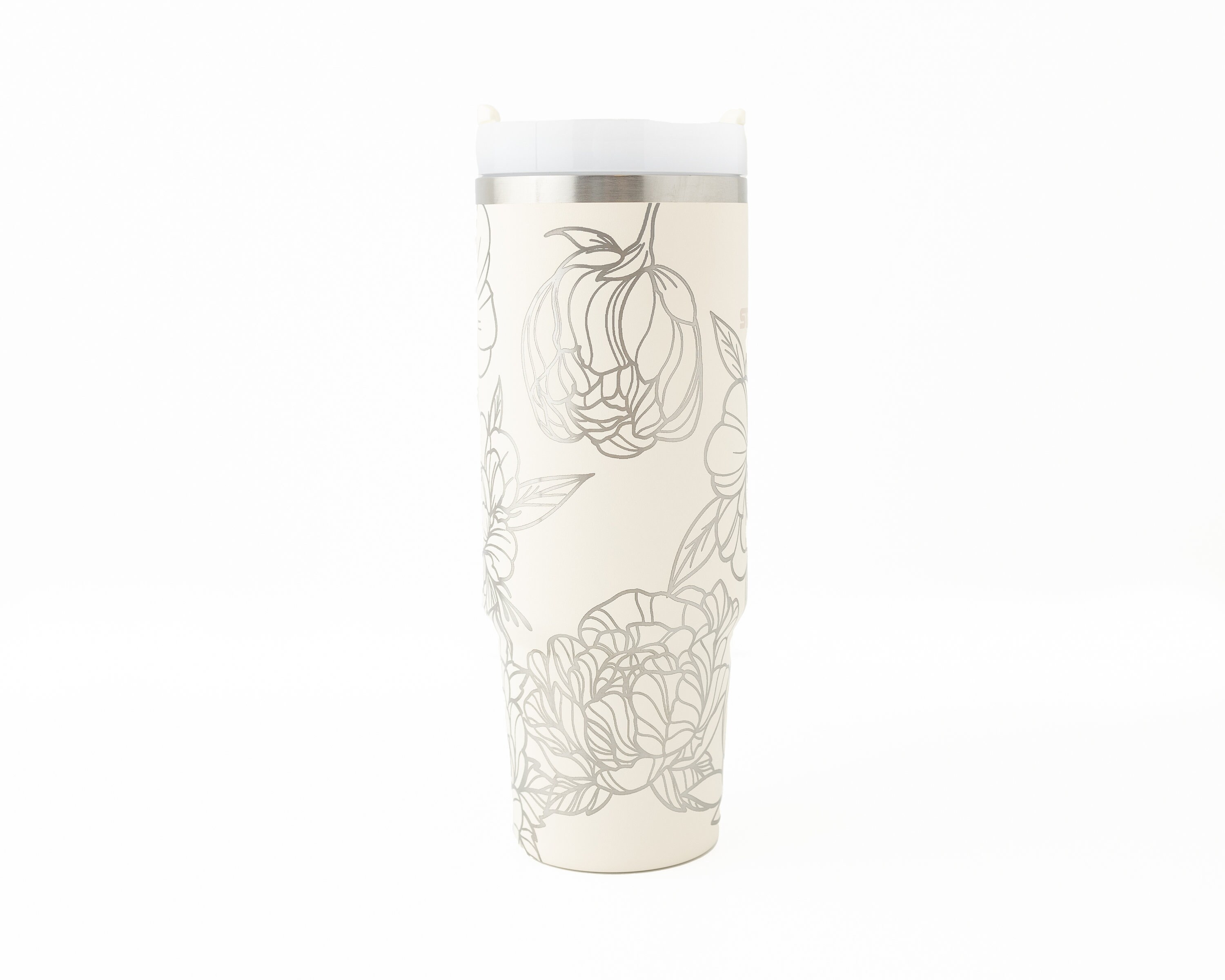 Stanley Tumbler Engraved With Peony Flower Wrap Design | Cream Stanley ...