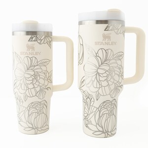 Stanley Tumbler Engraved With Peony Flower Wrap Design | Cream Stanley ...