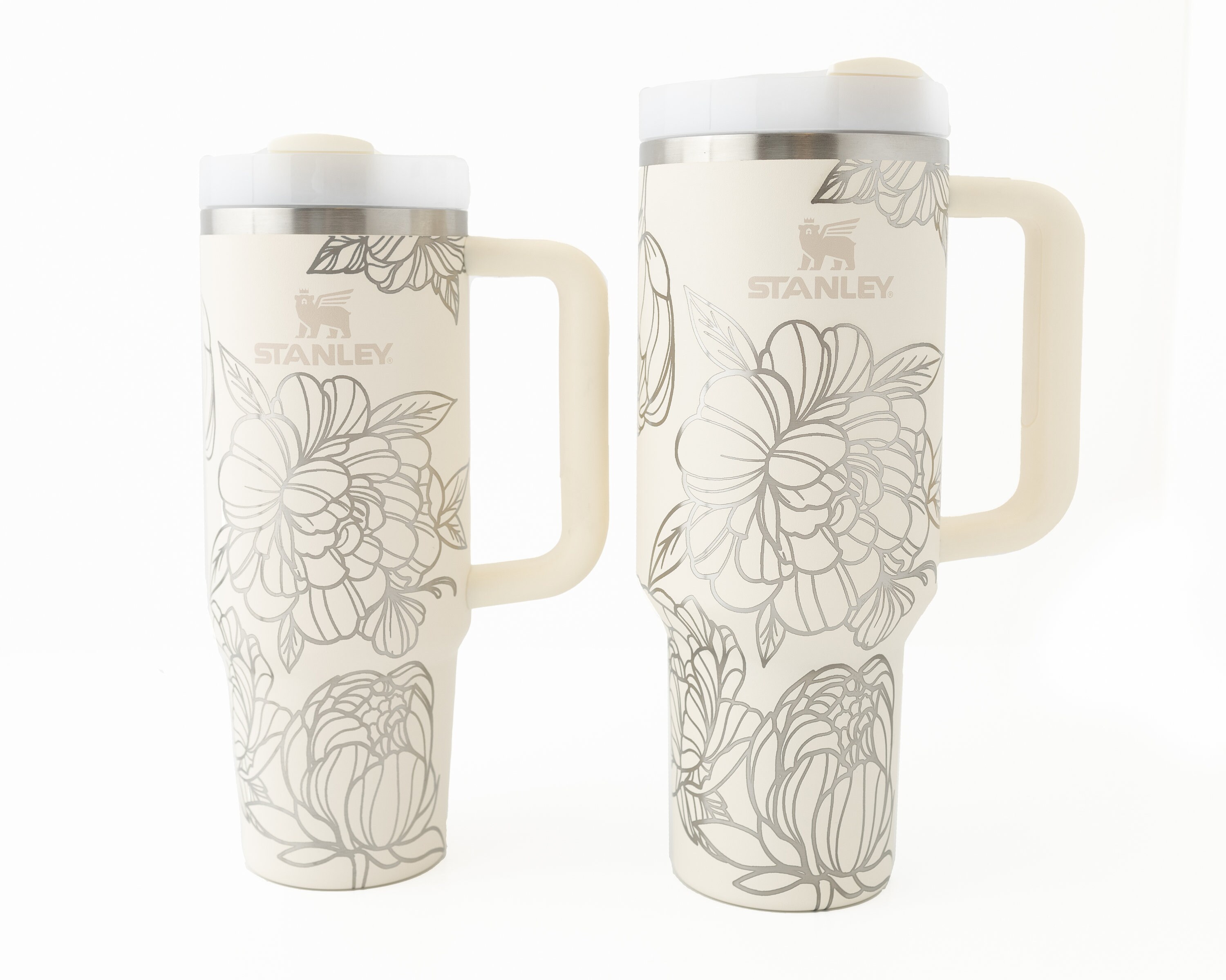 Stanley Tumbler Engraved With Peony Flower Wrap Design | Cream Stanley ...