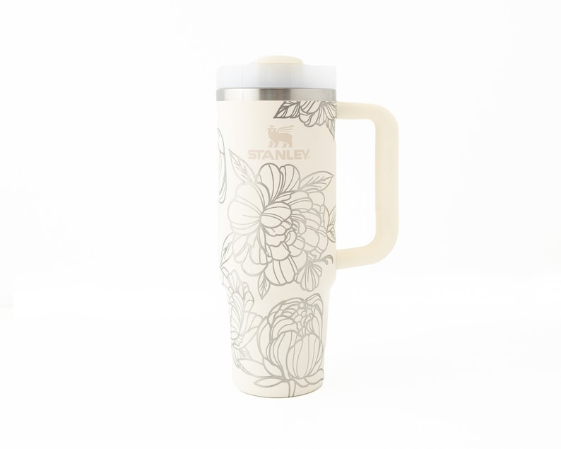 Stanley Tumbler Engraved With Peony Flower Wrap Design | Cream Stanley ...