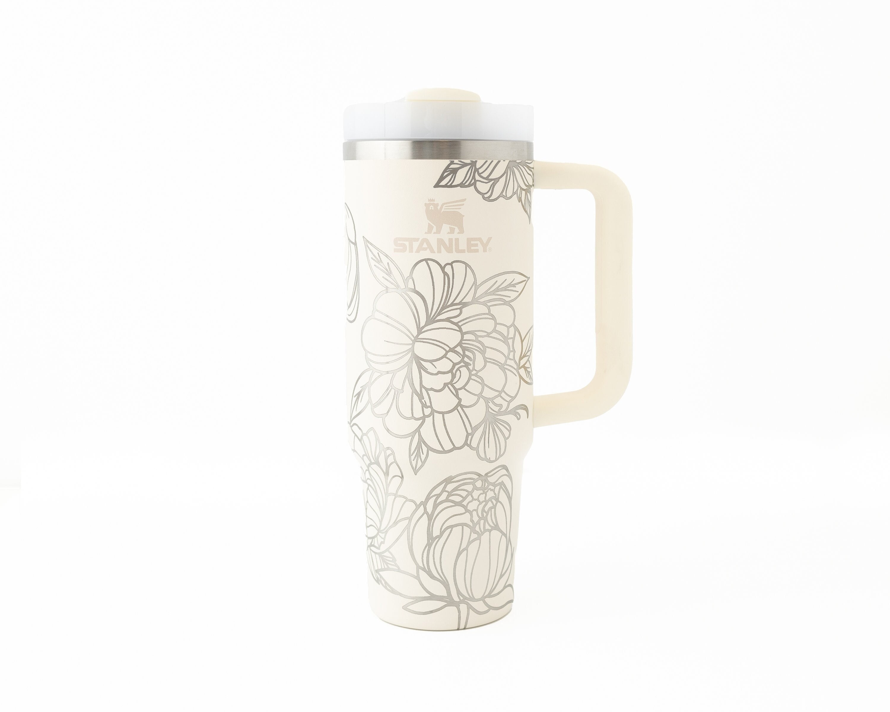 Stanley Tumbler Engraved With Peony Flower Wrap Design | Cream Stanley ...