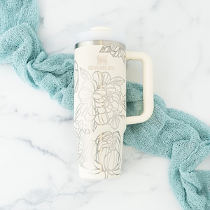 Stanley Tumbler Engraved With Peony Flower Wrap Design | Cream Stanley ...