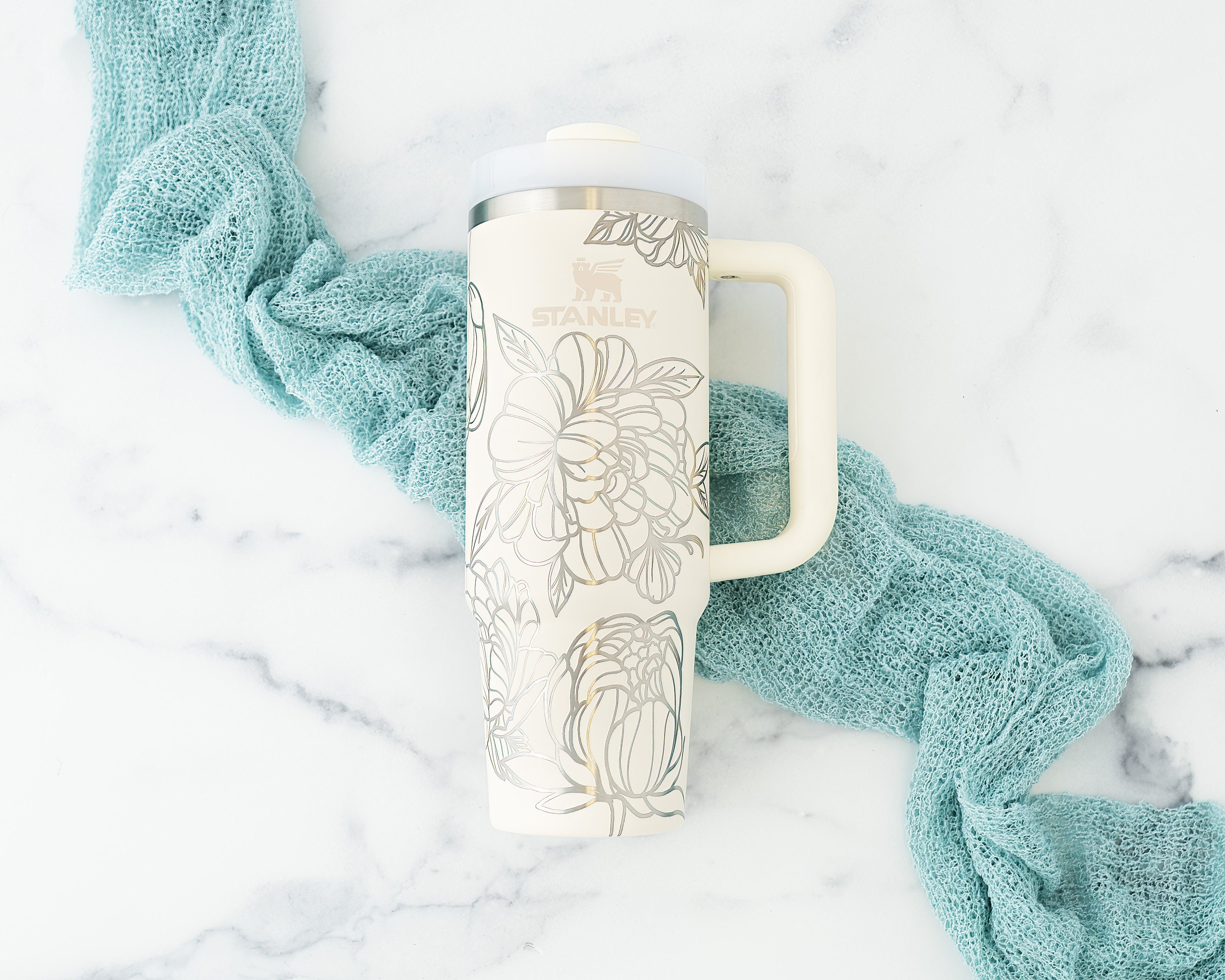 Stanley Tumbler Engraved With Peony Flower Wrap Design | Cream Stanley ...