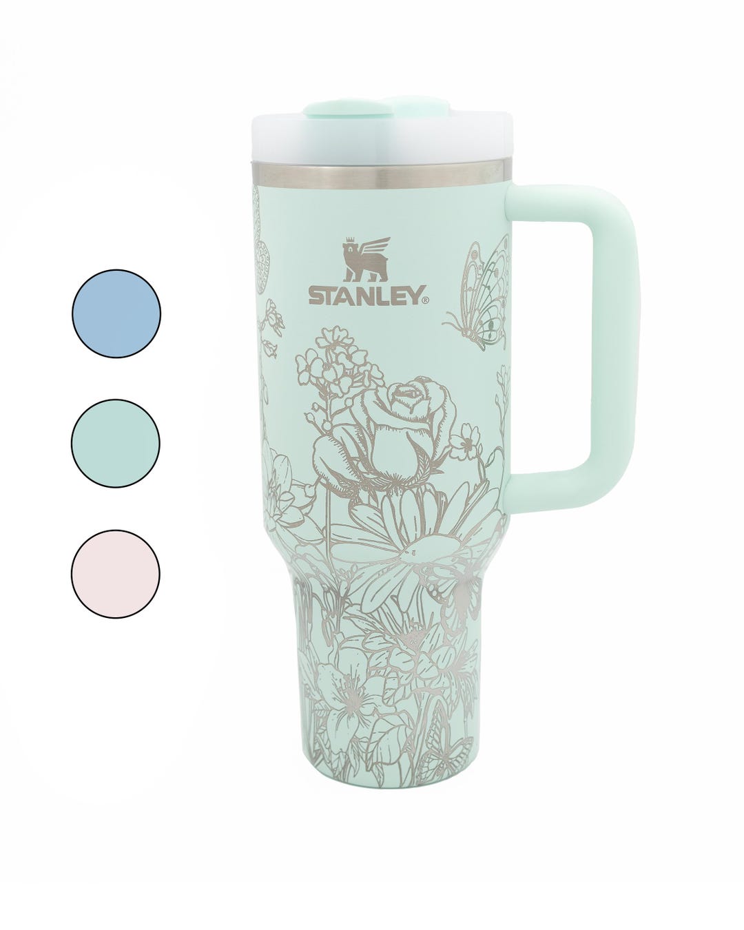 Stanley Mint Tumbler 40oz/30oz | Laser Engraved Flowers and Butterflies ...