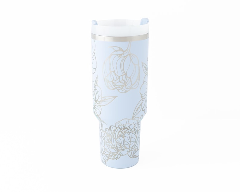 Heather Blue Stanley Tumbler With Handle – Laser Engraved Peony Flower ...