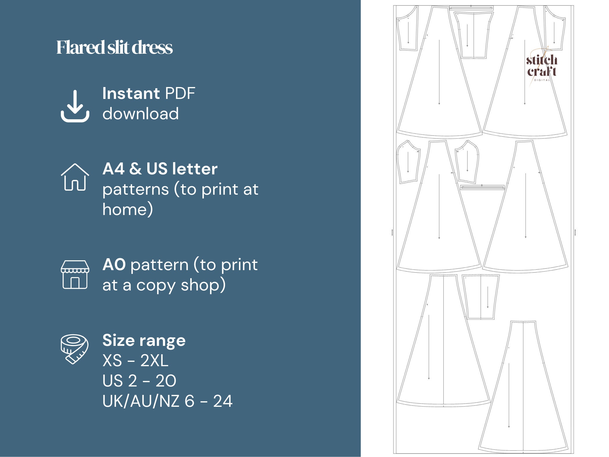 Flared Slit Dress Sewing Pattern, Long Evening & Prom Dress Pattern ...