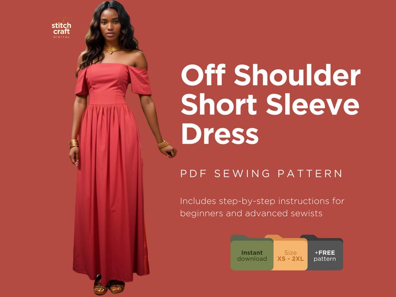 Off Shoulder Dress Sewing Pattern: Short Sleeve, XS-XXL (PDF Pattern ...