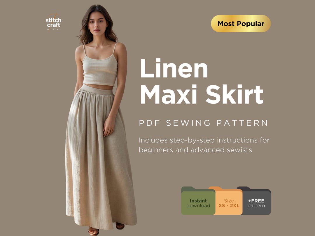 Linen Maxi Skirt Sewing Pattern: Gathered Waist With Pockets (PDF ...
