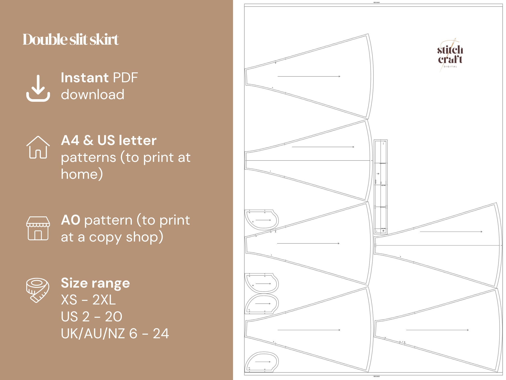 Long Double Slit Skirt Sewing Pattern, Maxi Skirt With Two Slit, Tea ...
