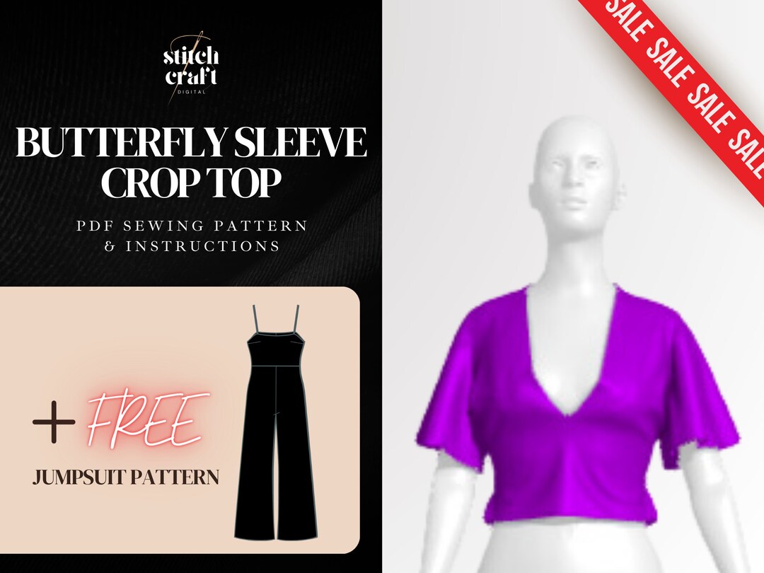 Butterfly Sleeve Crop Top Sewing Pattern, Plunging V-neck and Flared ...