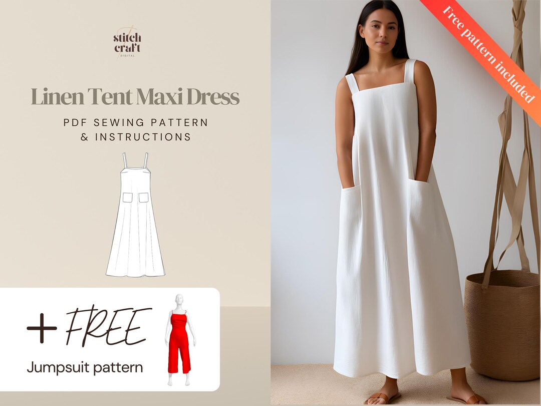Linen Tent Maxi Dress Sewing Pattern, Sleeveless Long Dress, Square ...