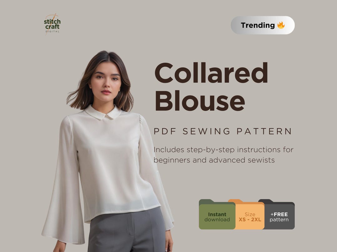 Collared Blouse Sewing Pattern: Flared Sleeves (PDF Pattern) - Etsy