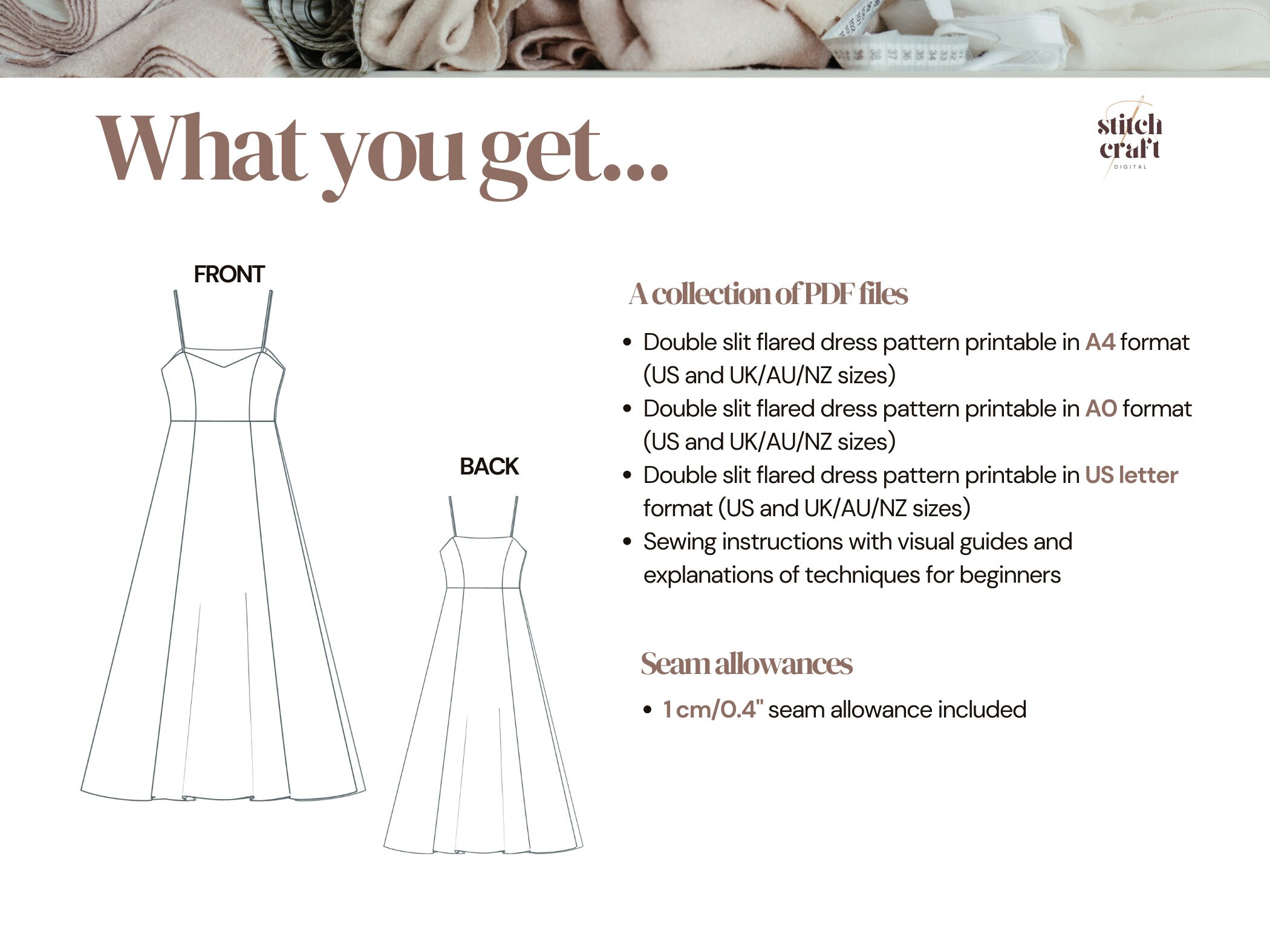 Flared Double Slit Dress Sewing Pattern, Long Evening & Prom Dress ...