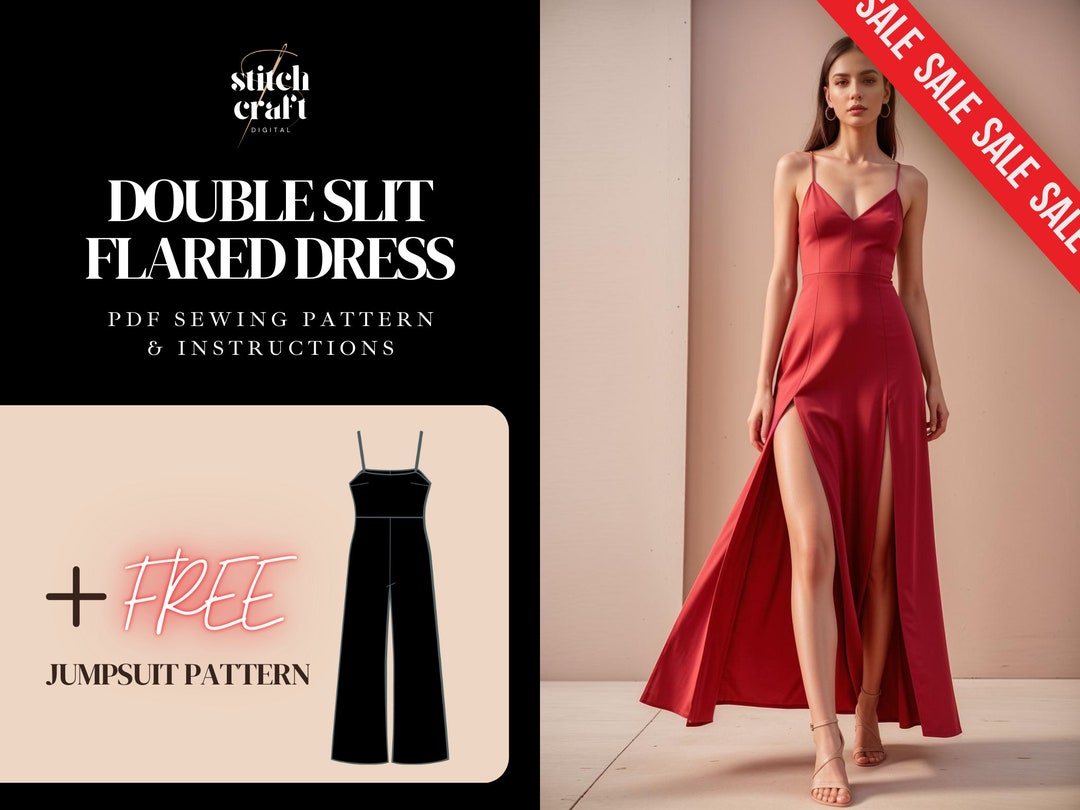 Flared Double Slit Dress Sewing Pattern, Long Evening & Prom Dress ...