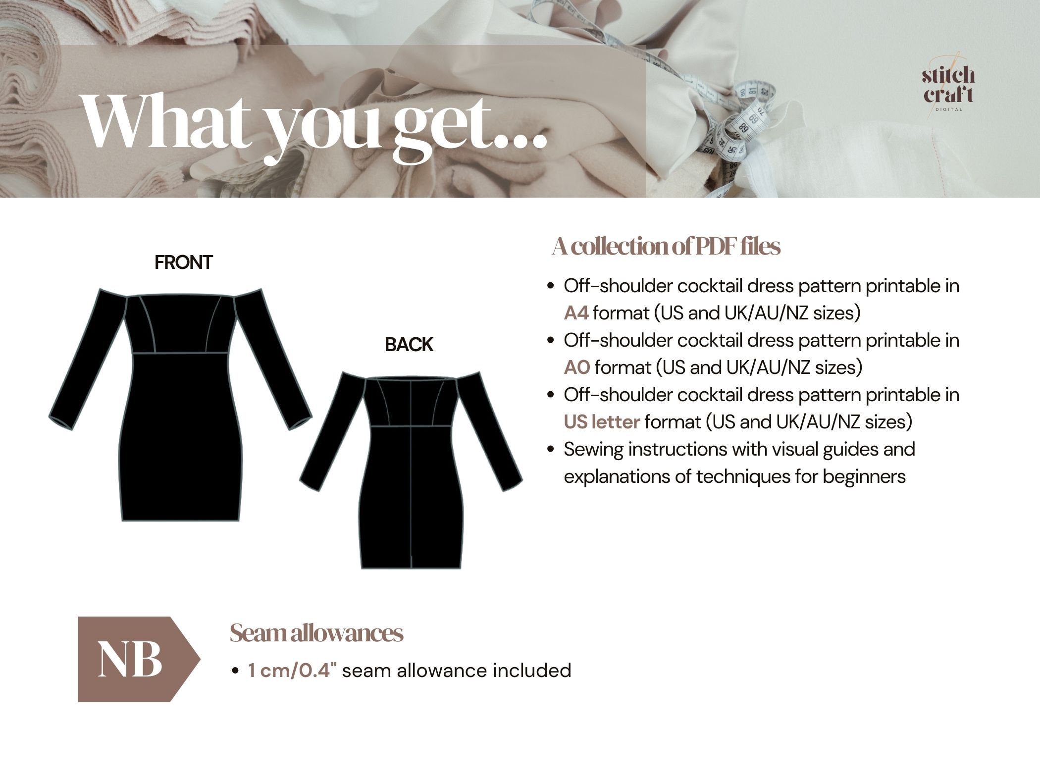 Off Shoulder Cocktail Dress Sewing Pattern, Straight Neckline, Cold ...