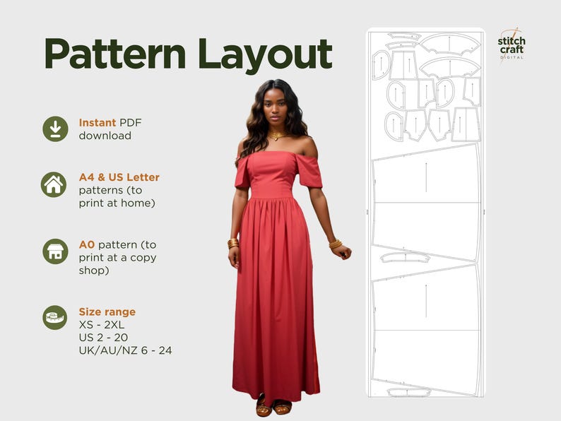 Off Shoulder Dress Sewing Pattern: Short Sleeve, XS-XXL (PDF Pattern ...