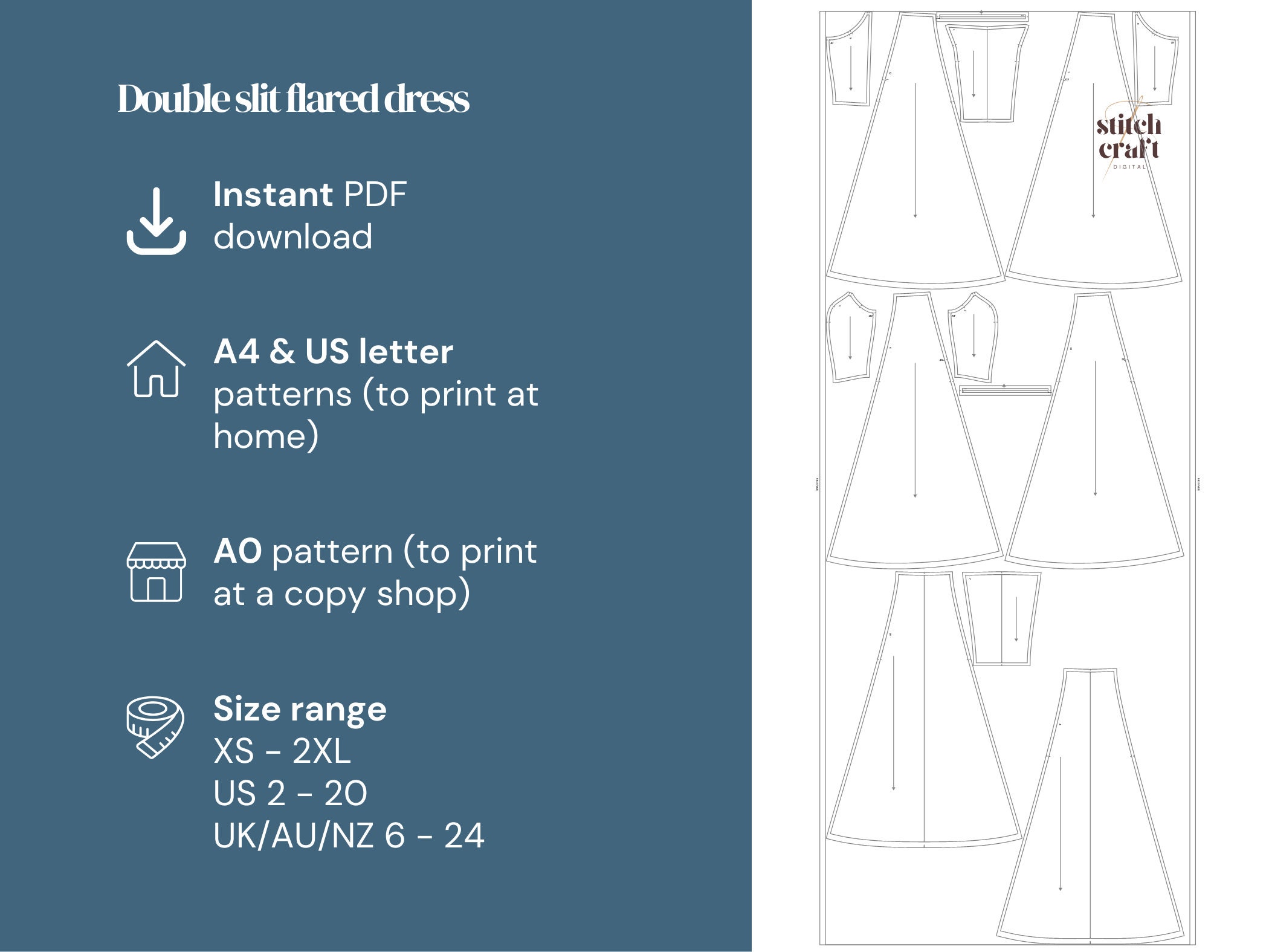Flared Double Slit Dress Sewing Pattern, Long Evening & Prom Dress ...
