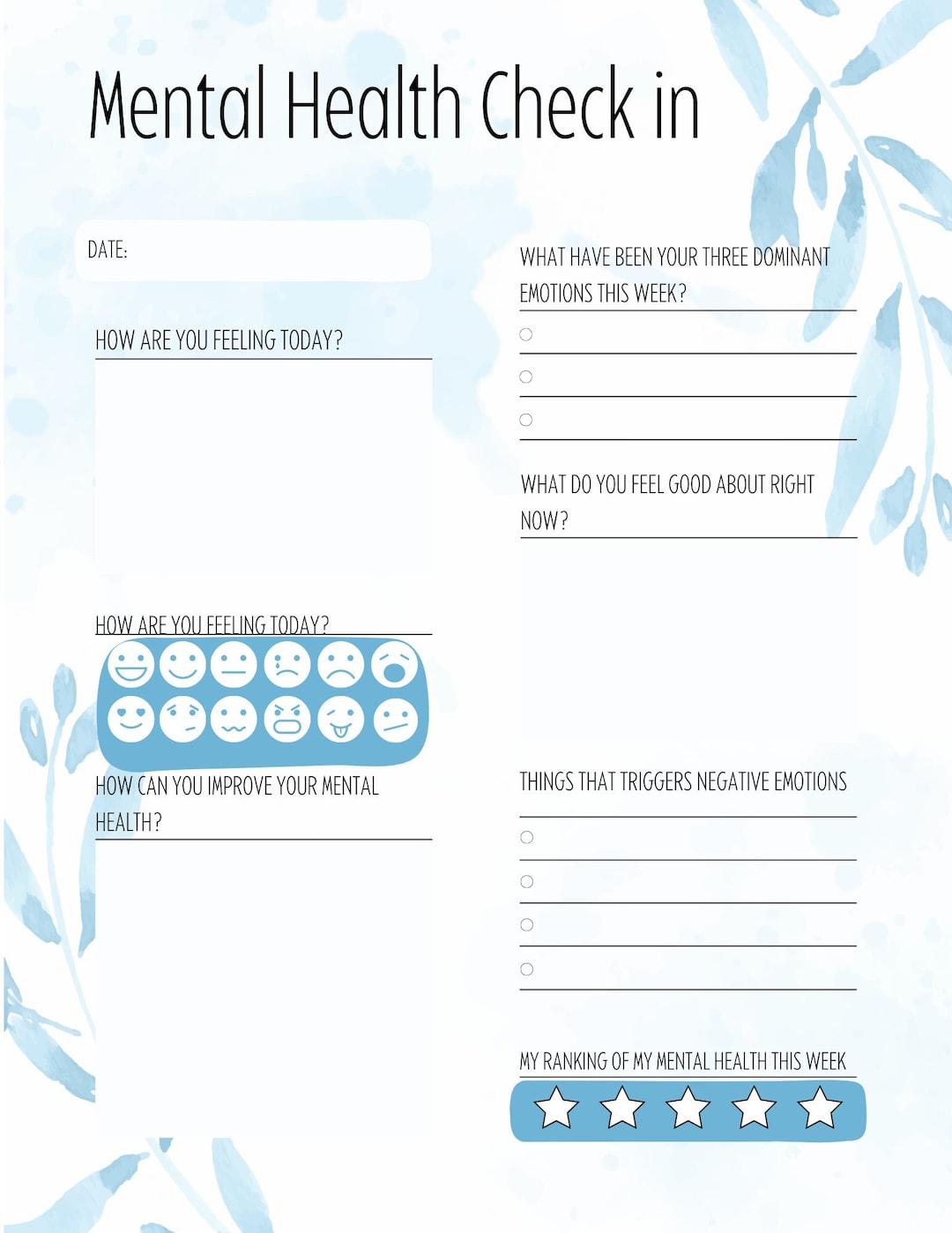 Mental Health Check in Worksheet - Etsy