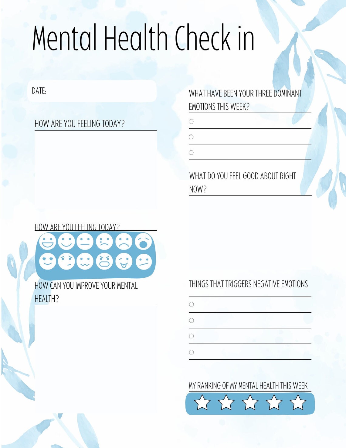 Mental Health Check in Worksheet - Etsy