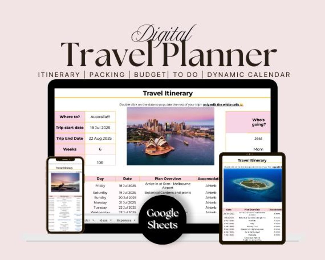 Travel Planner Spreadsheet | Google Sheets Trip Itinerary, Packing List ...