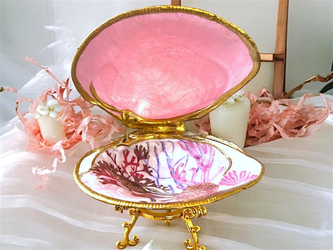 One-of-a-kind Pink Decoupage Clam Shell Ring Holder: Coastal Jewelry ...