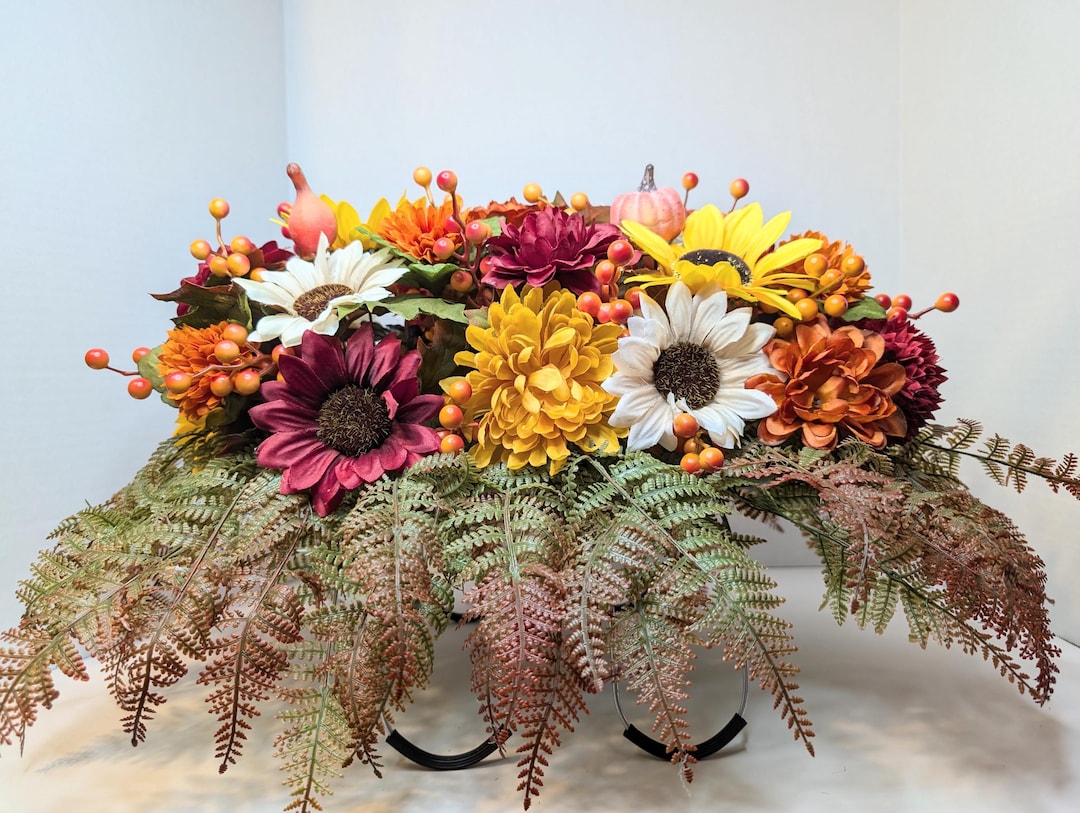 Fall Cemetery Saddle: Sunflower, Dahlia, and Pumpkin Headstone Flowers ...