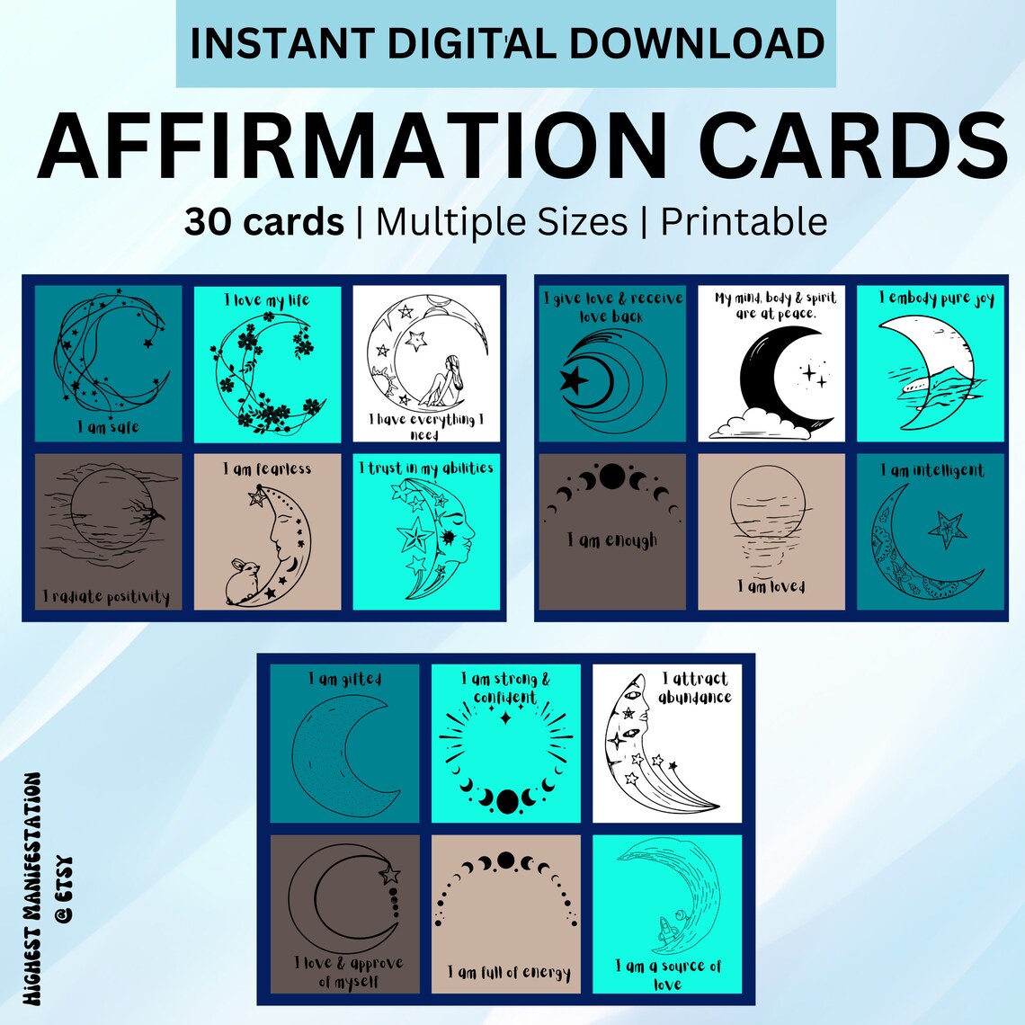 Affirmation Cards Printable, Manifestation Cards, Affirmation Deck, Law of Attraction, Positive ...