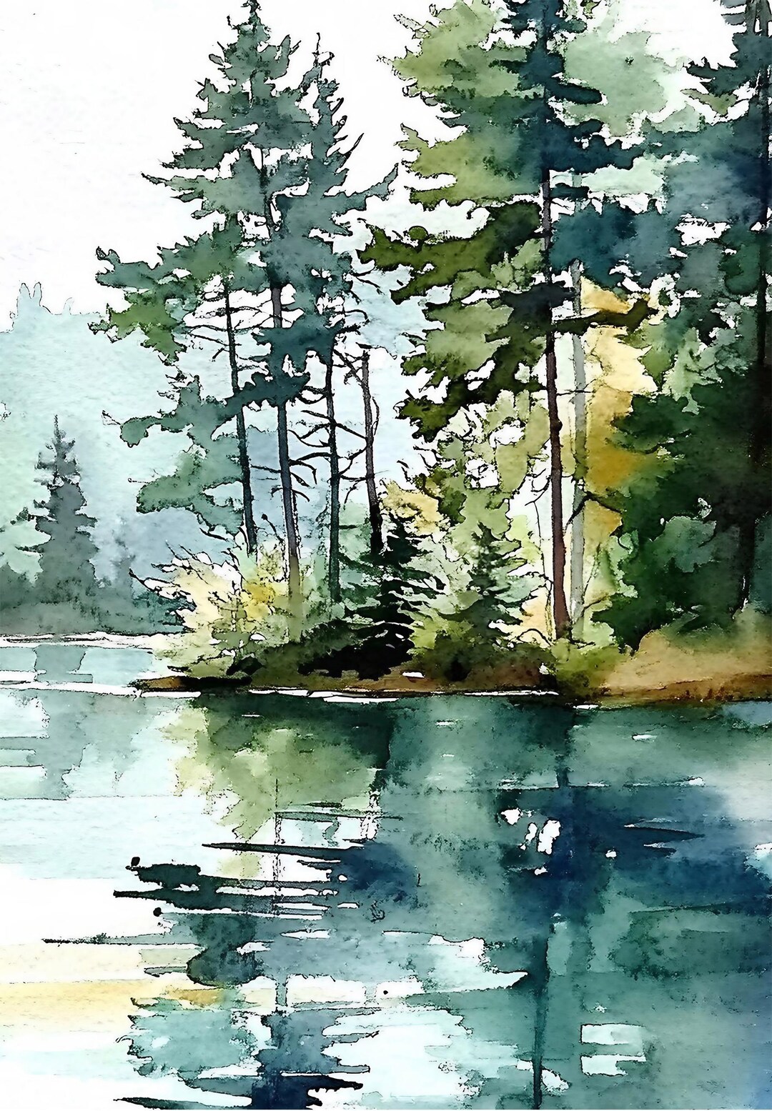 Forest Lake Watercolor Art Print: Abstract Pine Tree Landscape - Etsy
