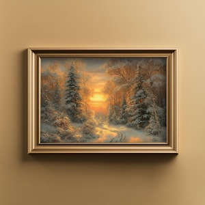 Golden Winter Sunset Peaceful Snowy Forest Path Landscape Wall Art ...