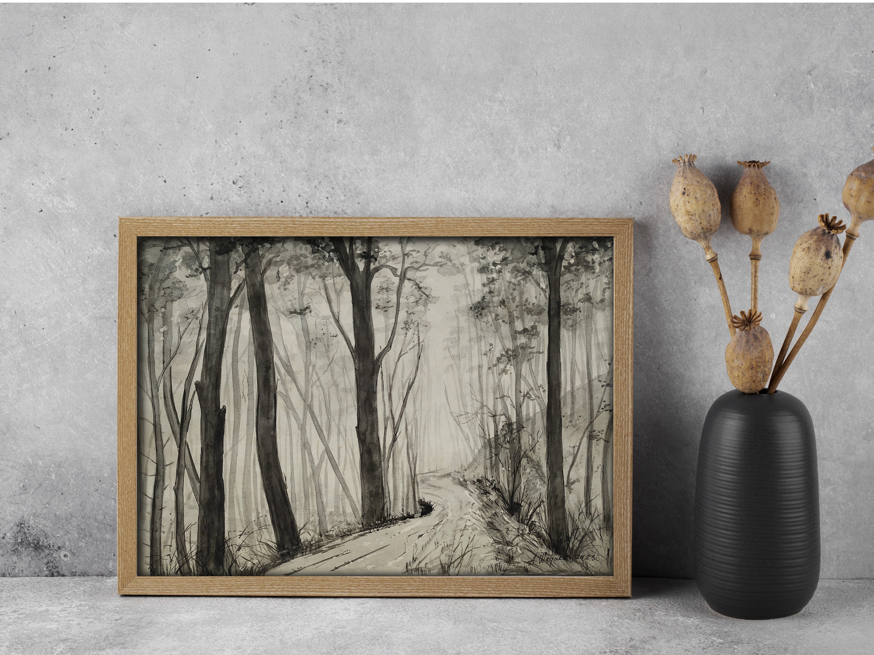 Ink Drawing foggy Forest. Original Drawing. Cloudy Forest Landscape ...