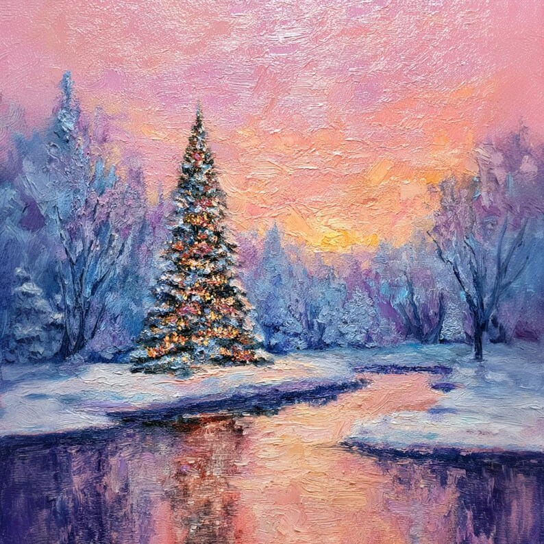 Christmas Tree Sunset Art Print, Winter Landscape Oil Painting - Etsy