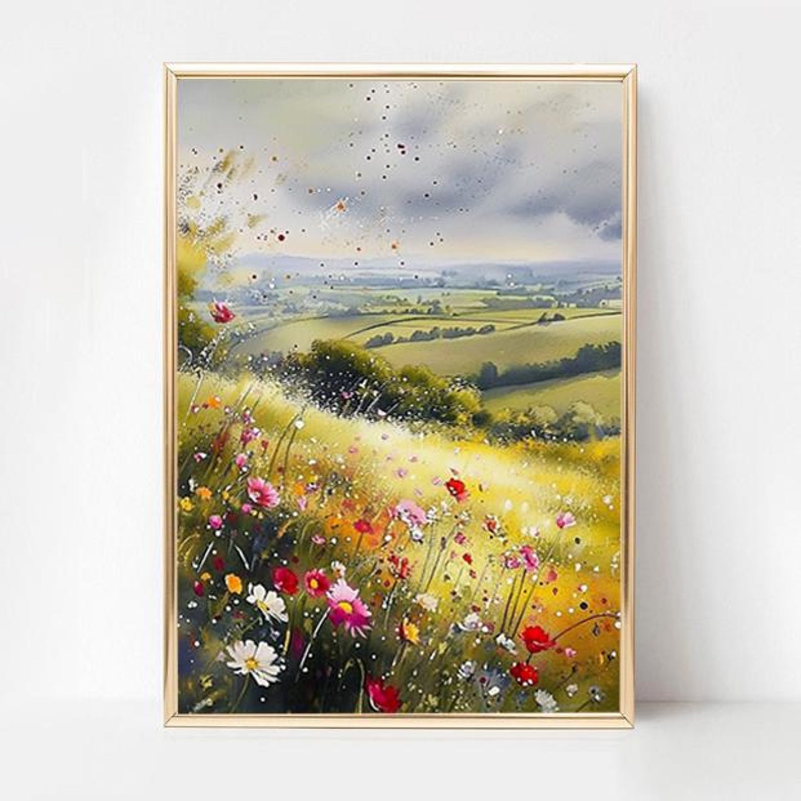 Wildflower Field Watercolor Landscape Art Print: Rolling Hills Wall ...